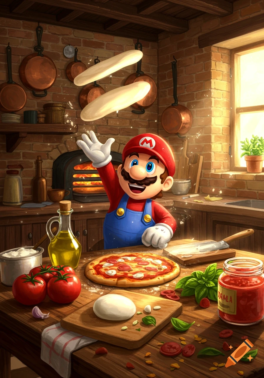 Mario tossing pizza dough in a rustic kitchen, with ingredients like ...