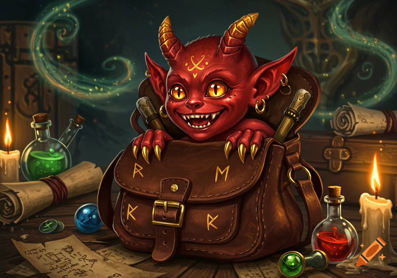 A cute red imp with golden horns and claws grins from inside a leather ...