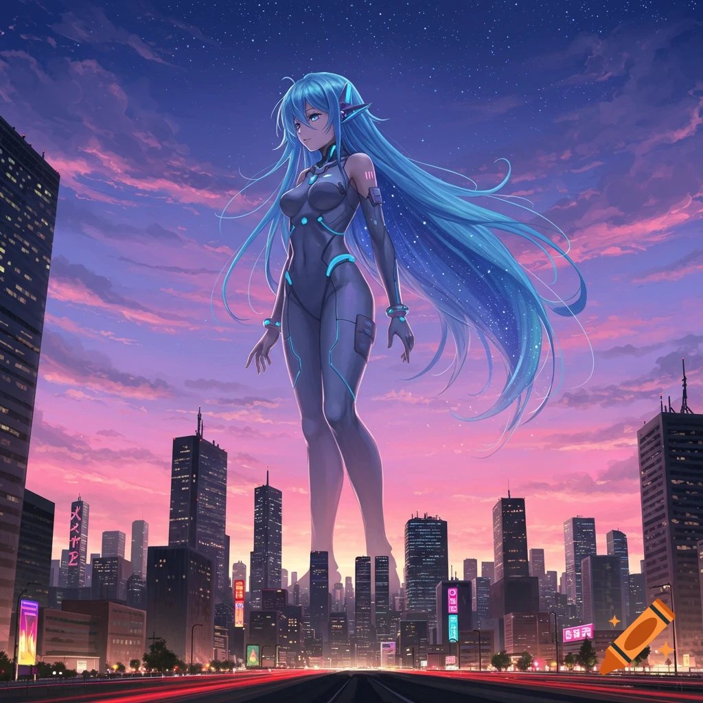 A giant anime woman with long blue hair and a futuristic suit stands ...