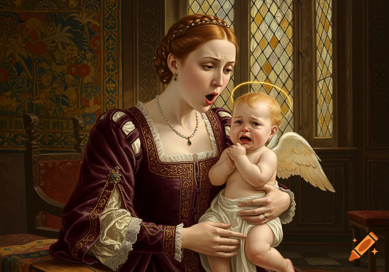 A Renaissance painting of a woman in a rich gown looking surprised at a ...