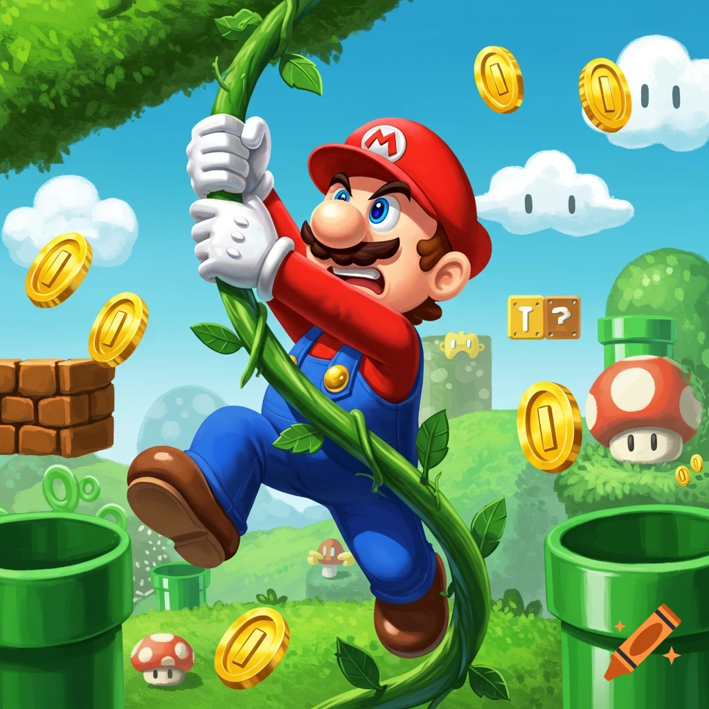 Mario strains climbing a green vine amidst floating coins, question ...