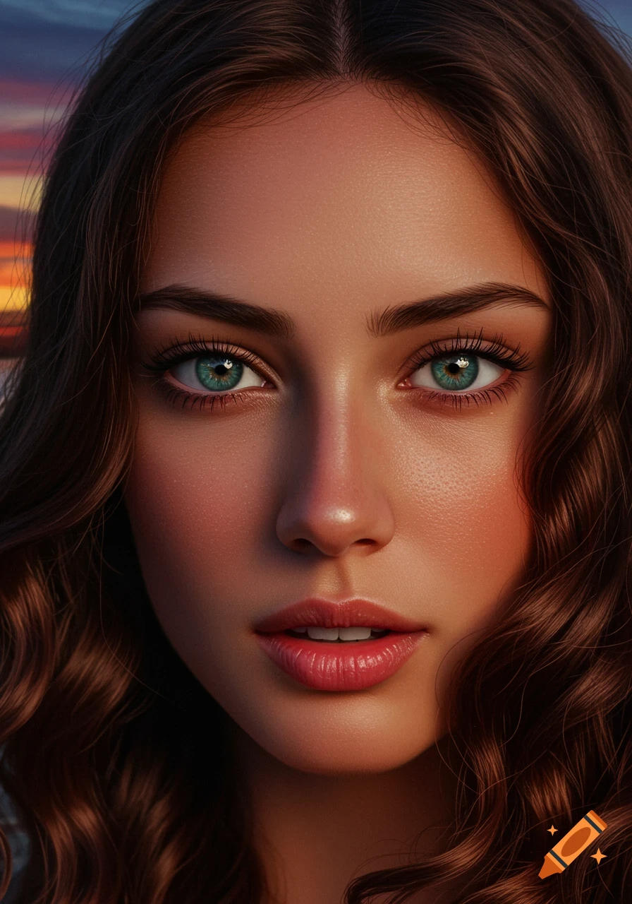Close-up photorealistic portrait of a woman with long brown wavy hair, striking blue-green eyes ...