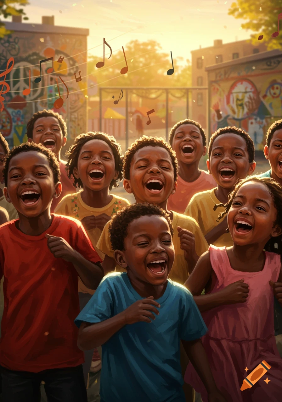 Joyful Black children singing and laughing outdoors, with musical notes ...