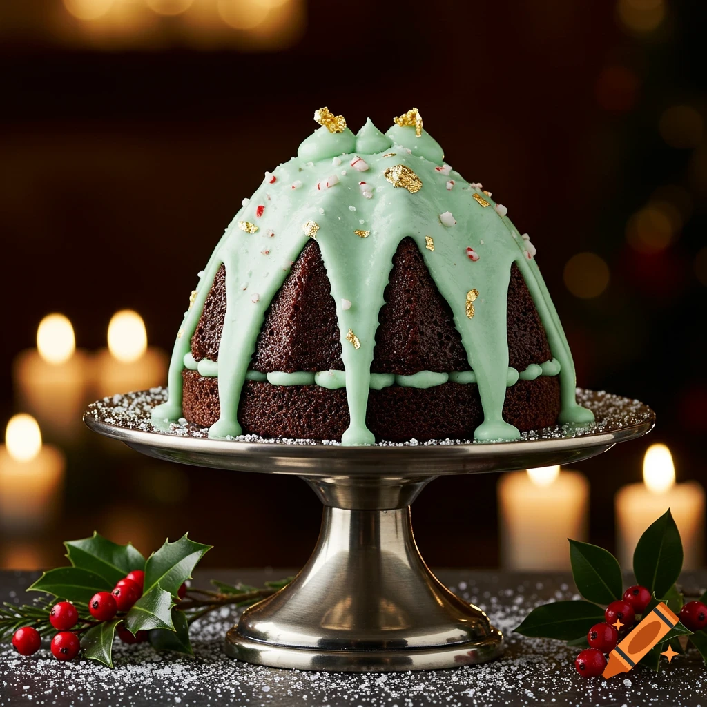 A dark chocolate holiday cake with mint green icing, gold flakes, and ...