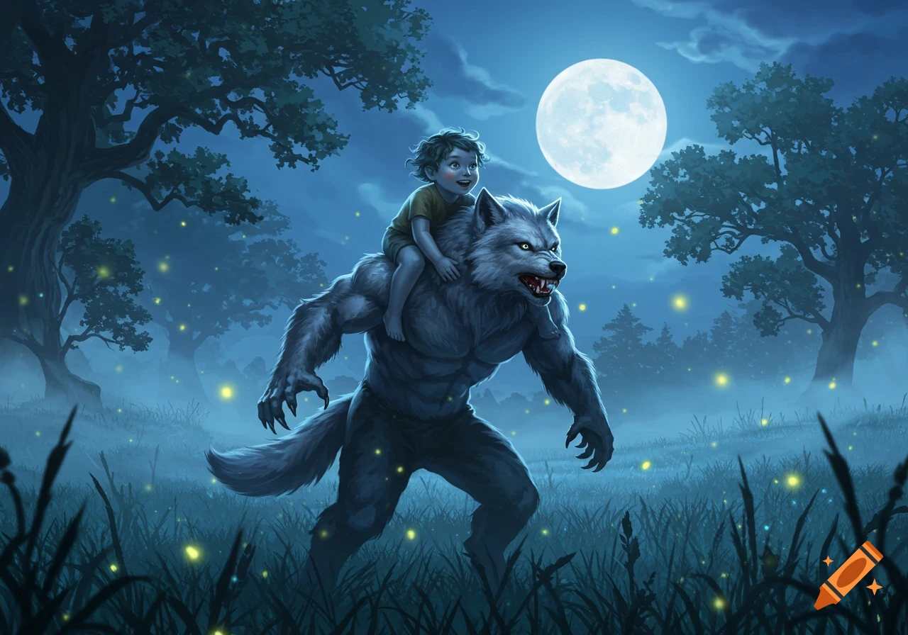 A smiling child rides on the shoulders of a grey werewolf through a ...