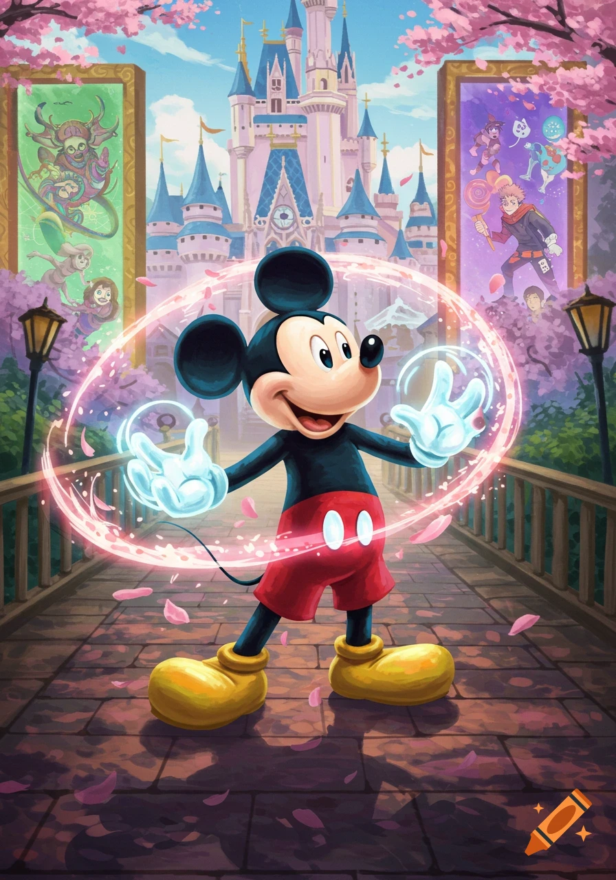 Mickey Mouse waves in a whimsical, colorful candy land with a fairytale ...