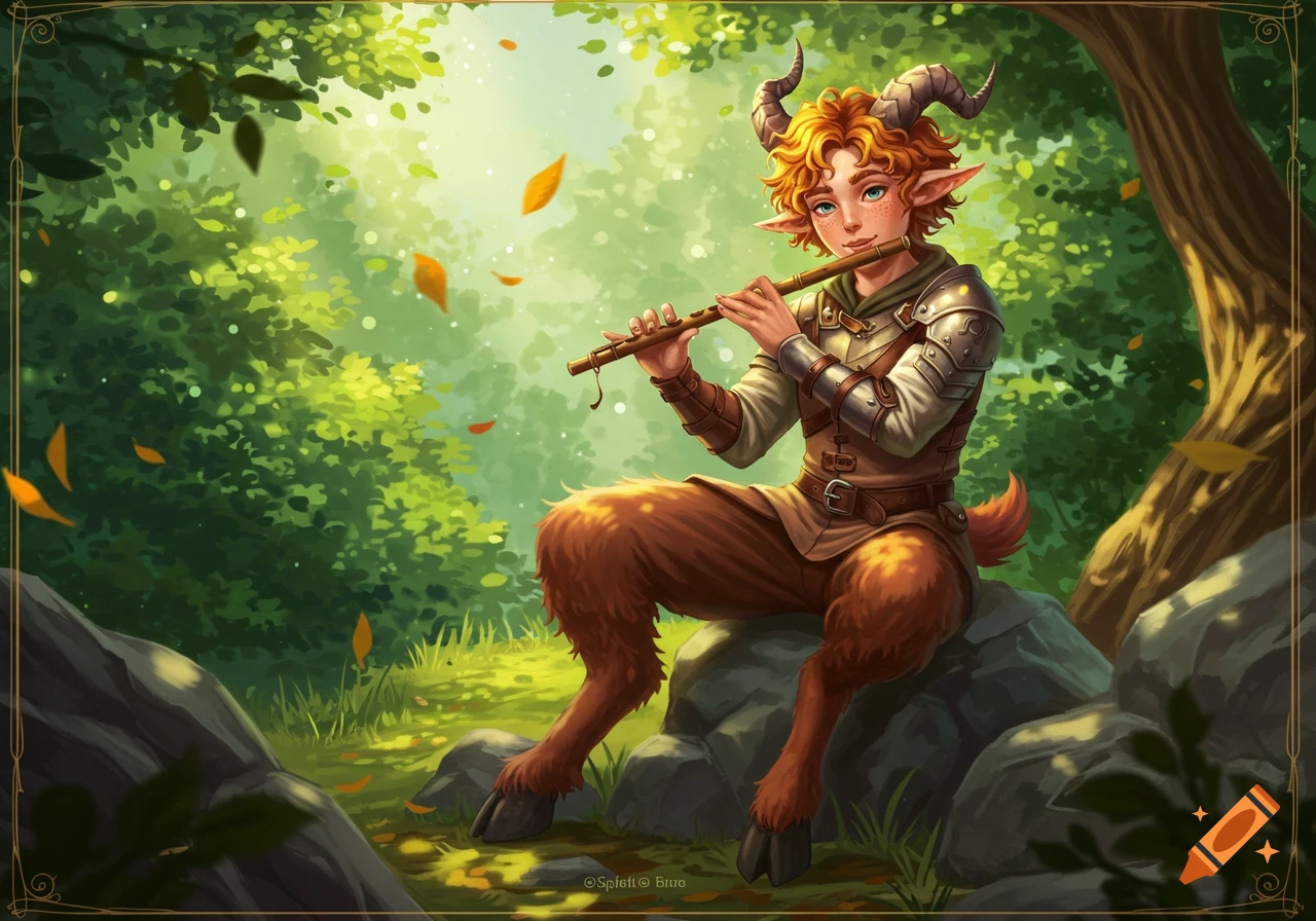 A smiling young satyr with curly red hair and small horns plays a flute ...