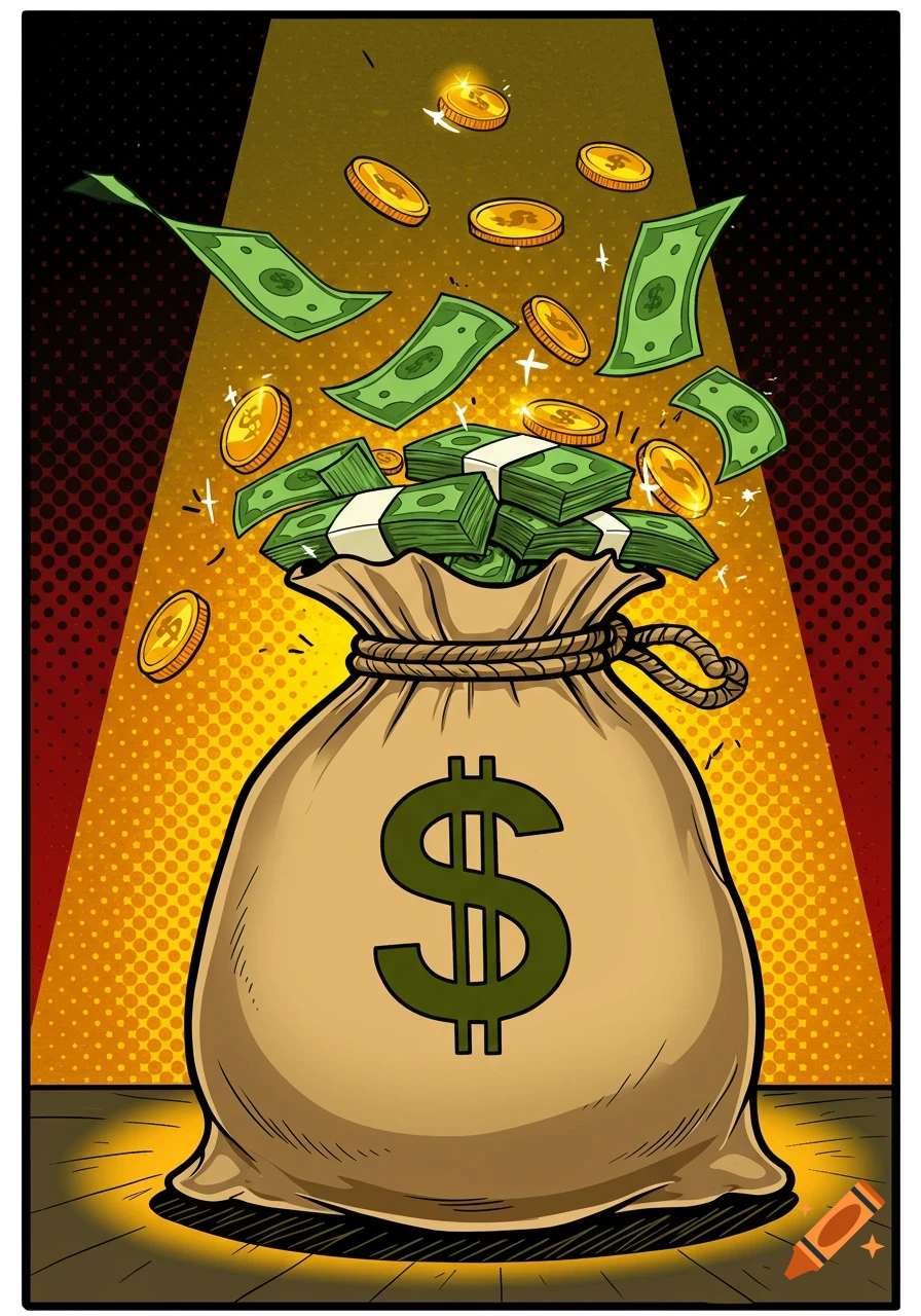 Comic art illustration of a money bag overflowing with cash and coins ...