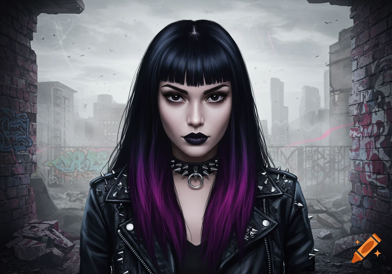 A stylized portrait of a goth woman with long black hair, purple bangs ...