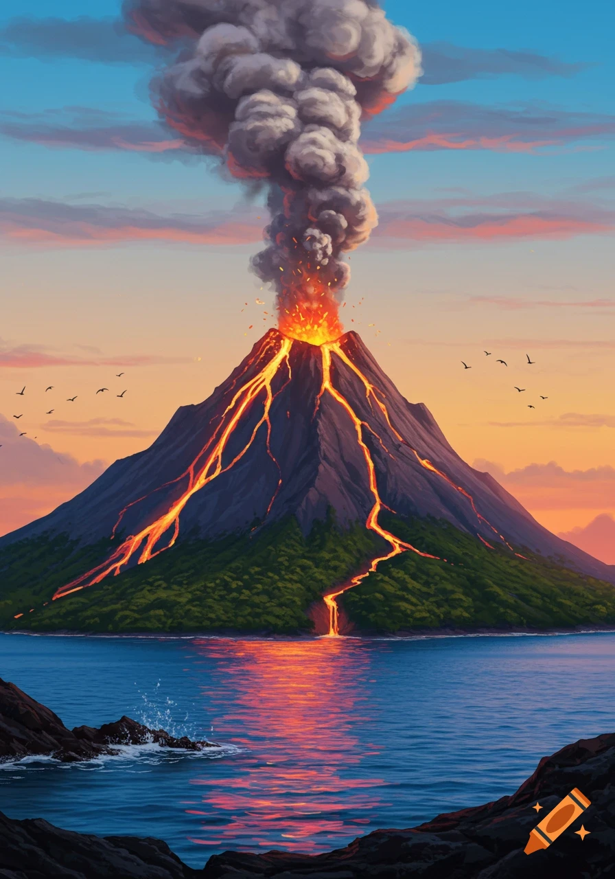 Illustrated erupting volcano on a green island at sunset, with fiery lava flowing into the ocean ...
