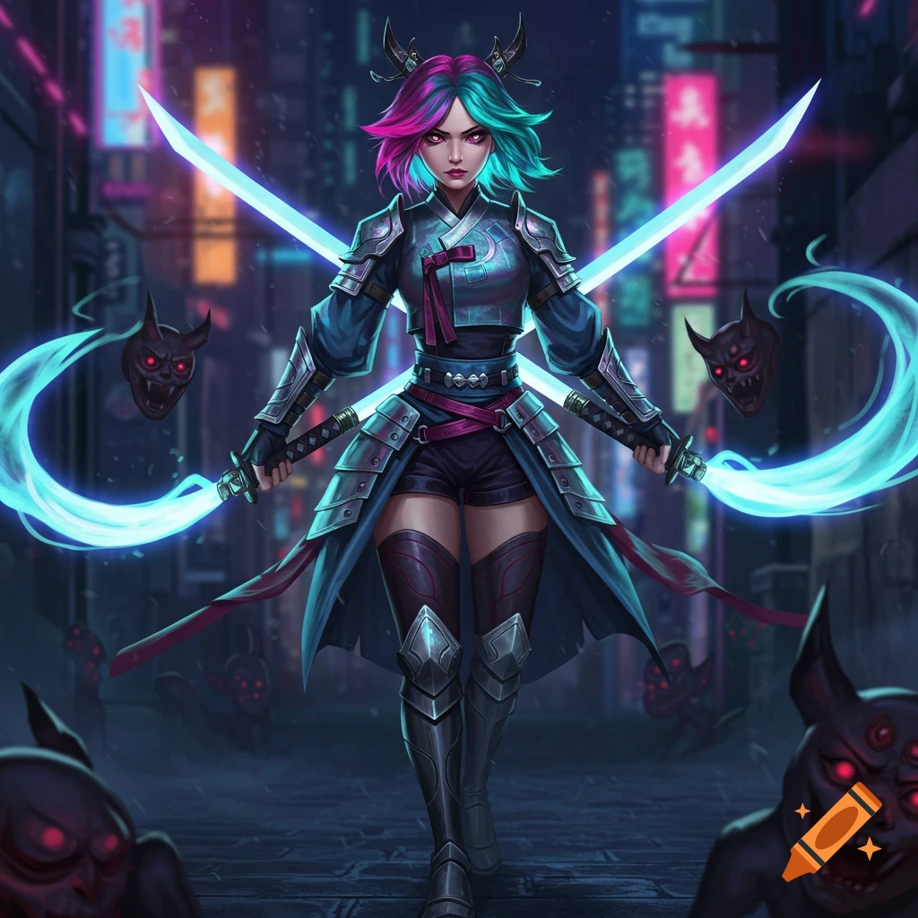 Anime demon with horn and bat wing in priest armor with magical runes ...