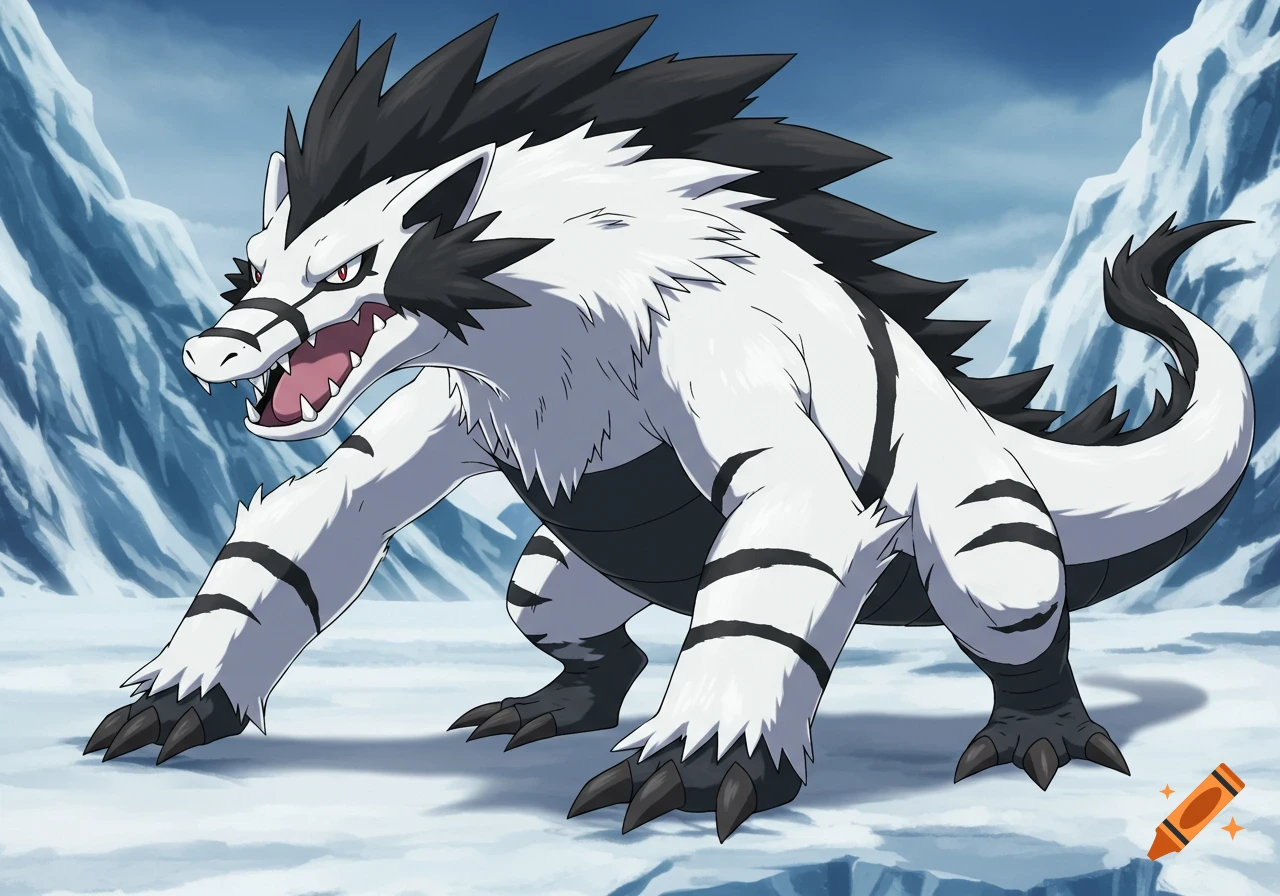 A large white and black reptilian creature with thick fur, bold stripes ...