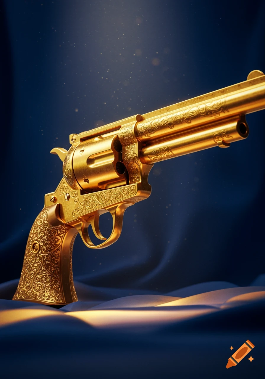 A red and gold circus cannon on a stage in a striped tent, emitting ...