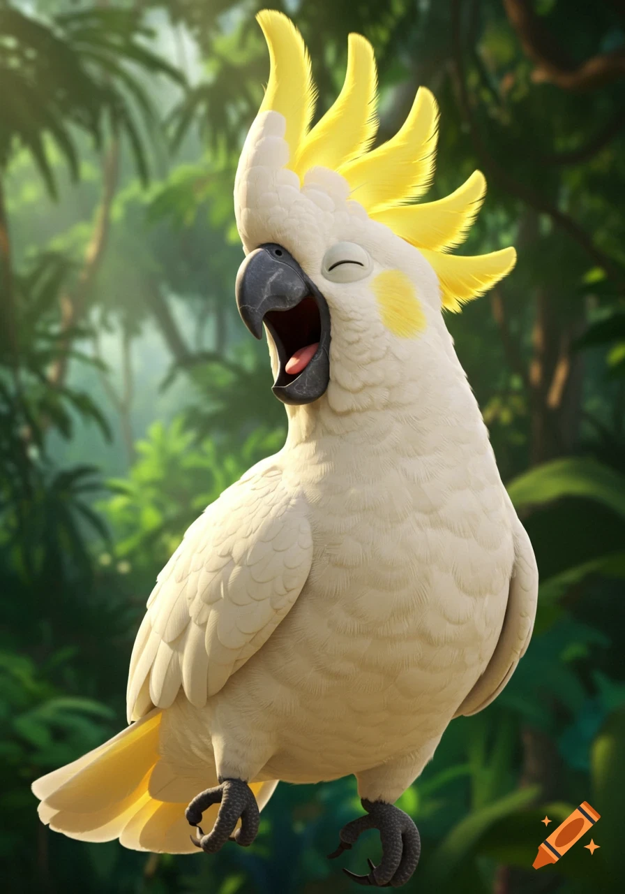 A cartoon sulphur-crested cockatoo with yellow crest, winking and ...