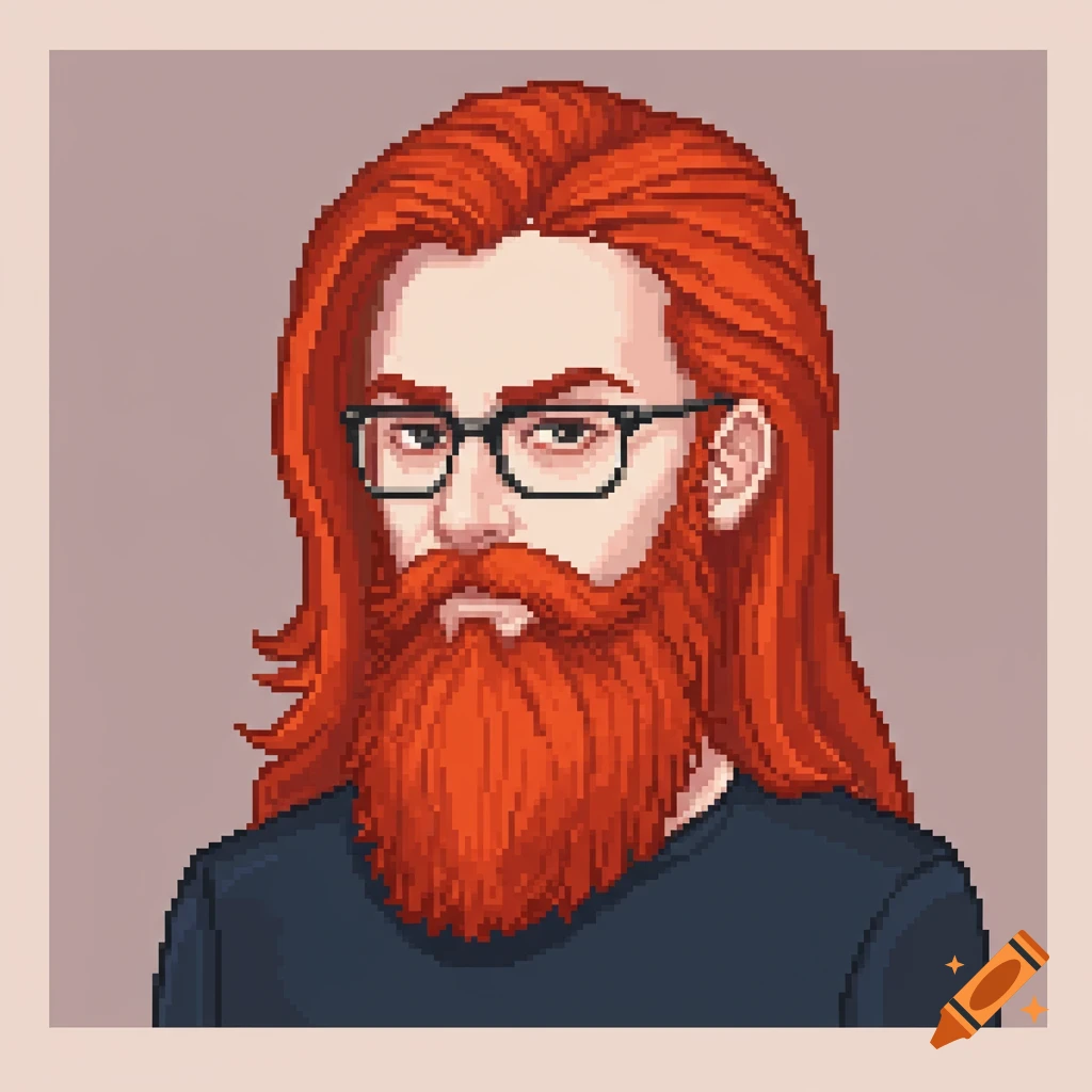 Pixel art avatar portrait of a man with long red hair, a red beard, and glasses, looking forward ...