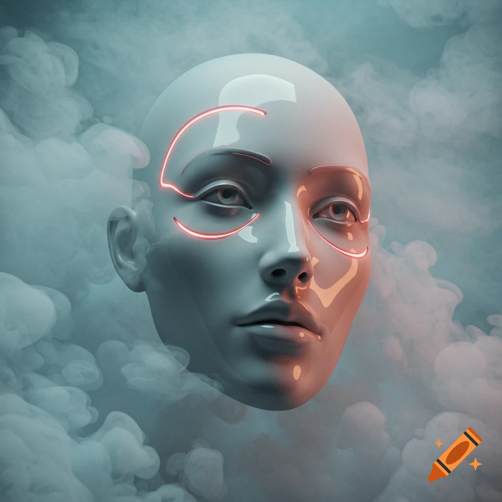 A close-up of a smooth, pale, humanoid face with glowing red lines ...