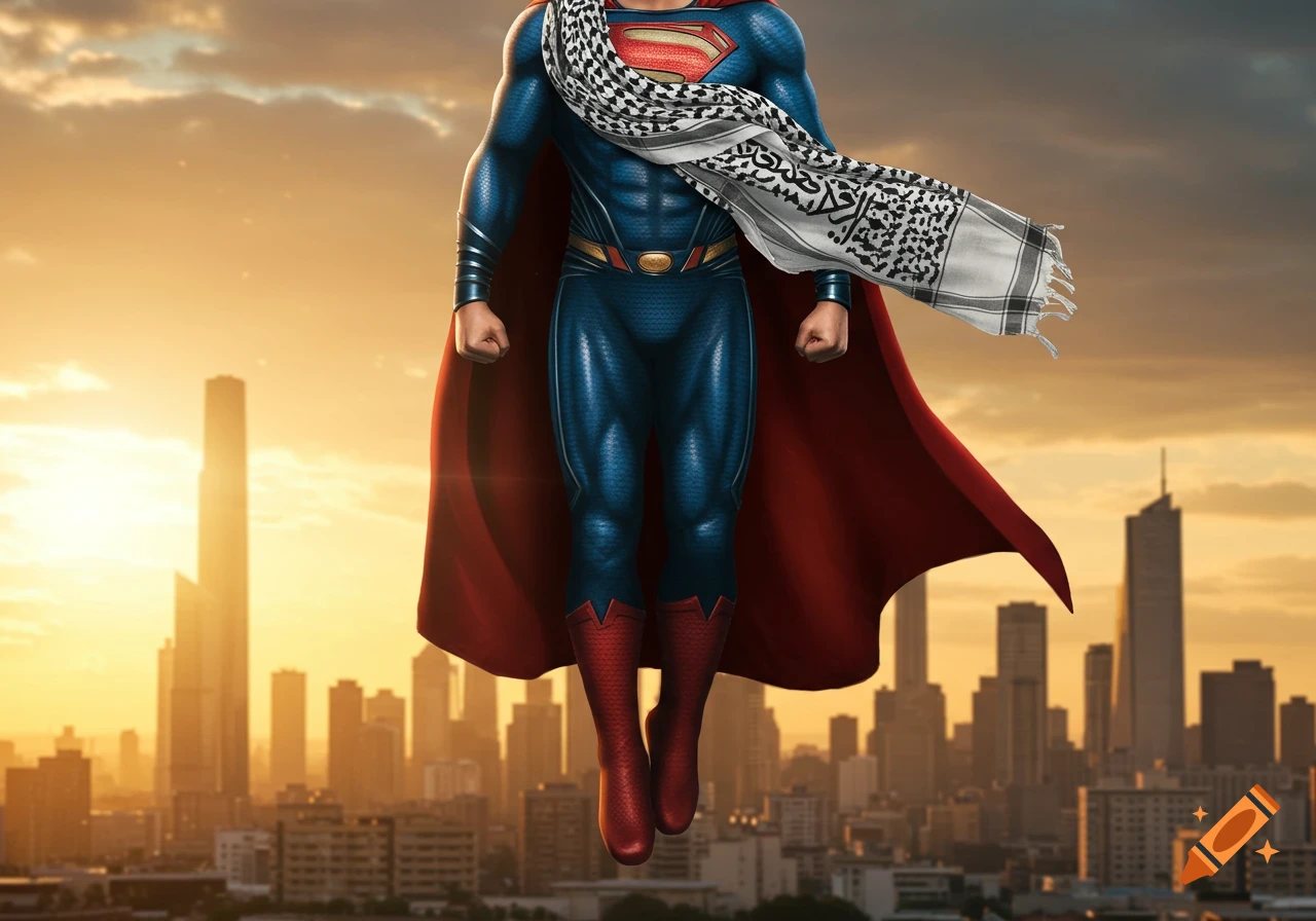 A photorealistic image of Superman flying above a cityscape at sunset ...