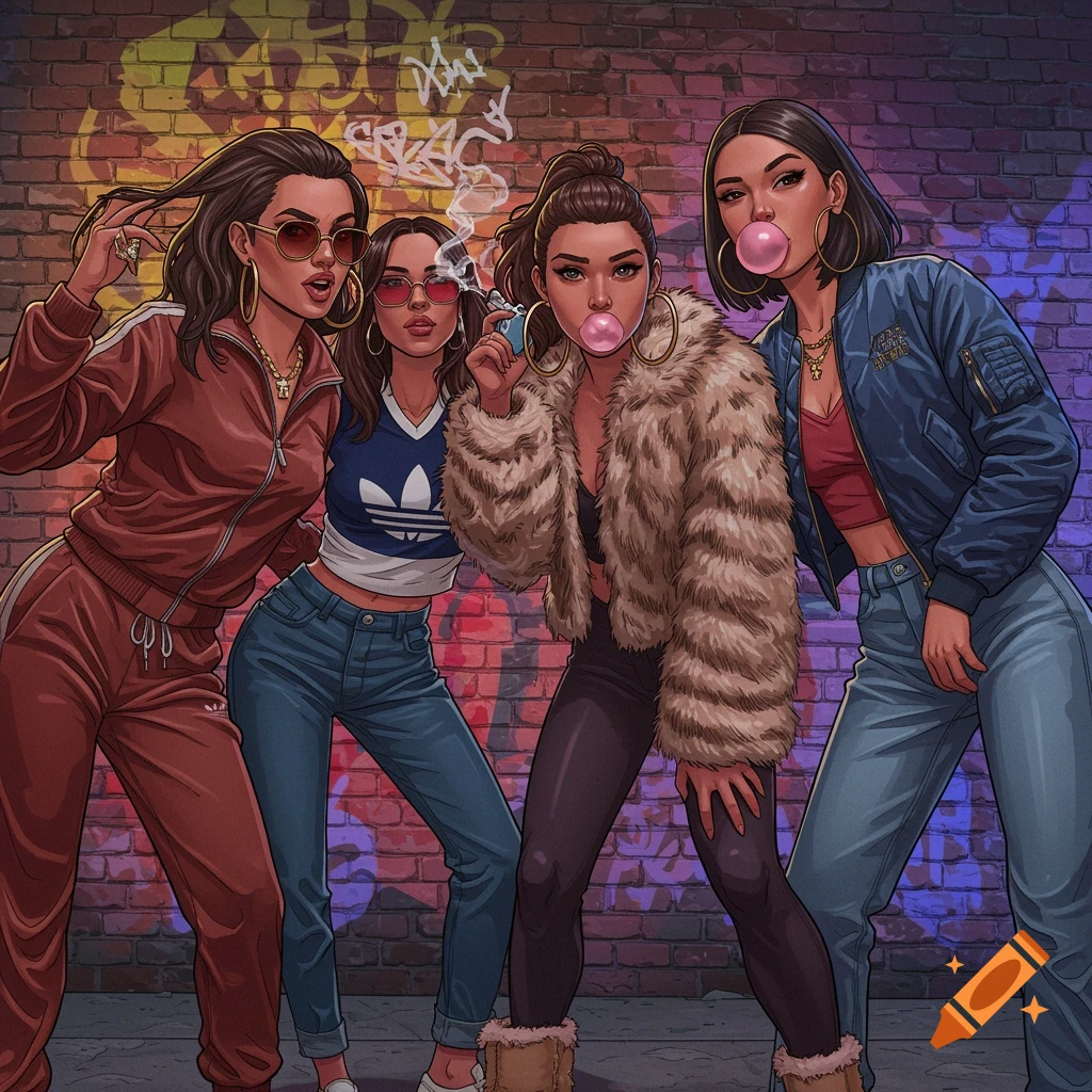 Four stylish young women in chav-glam fashion pose with sass in front ...