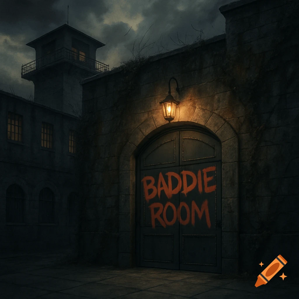 A dark, ominous prison building with a glowing lantern above a door ...