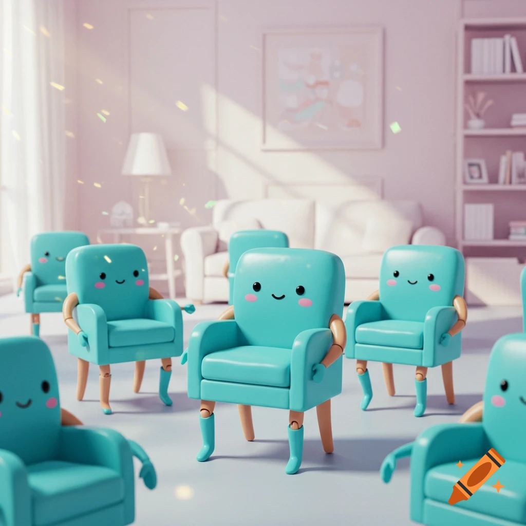 Cute cyan chairs with faces, wooden arms, and human-like legs wearing ...
