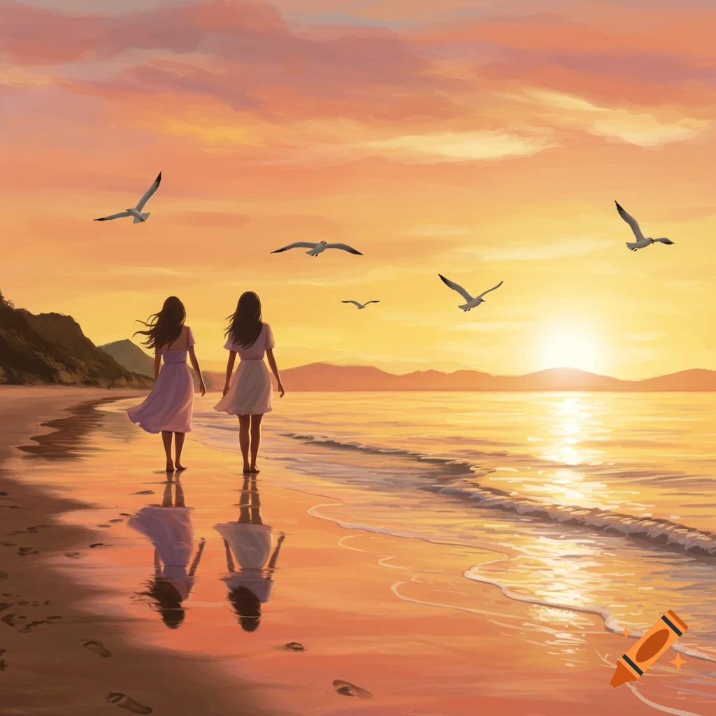 Two women walk on a sandy beach at sunset, gulls fly above a calm ocean ...