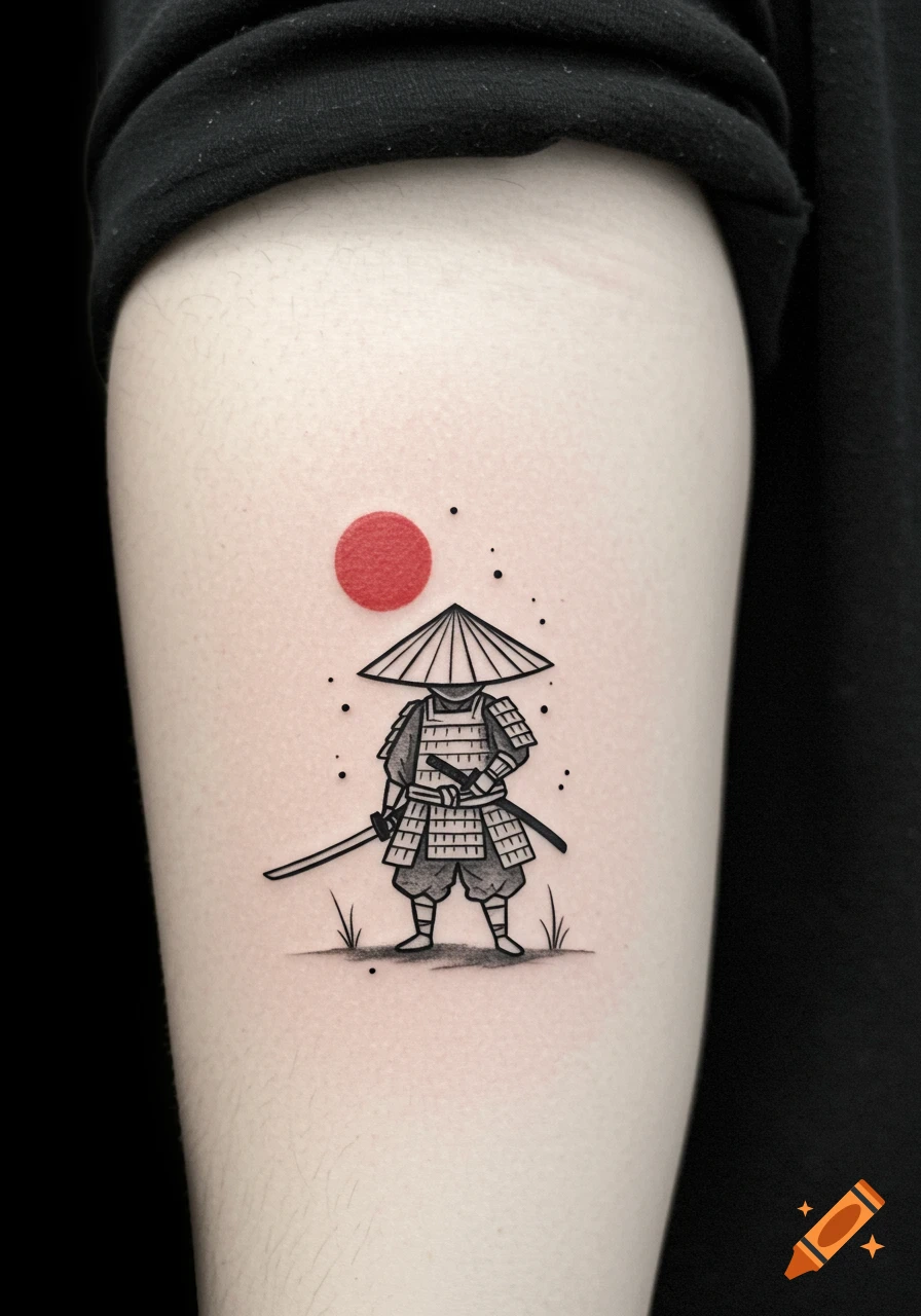 Stylized minimalist tattoo of a headless samurai with a conical hat and two swords on an arm ...