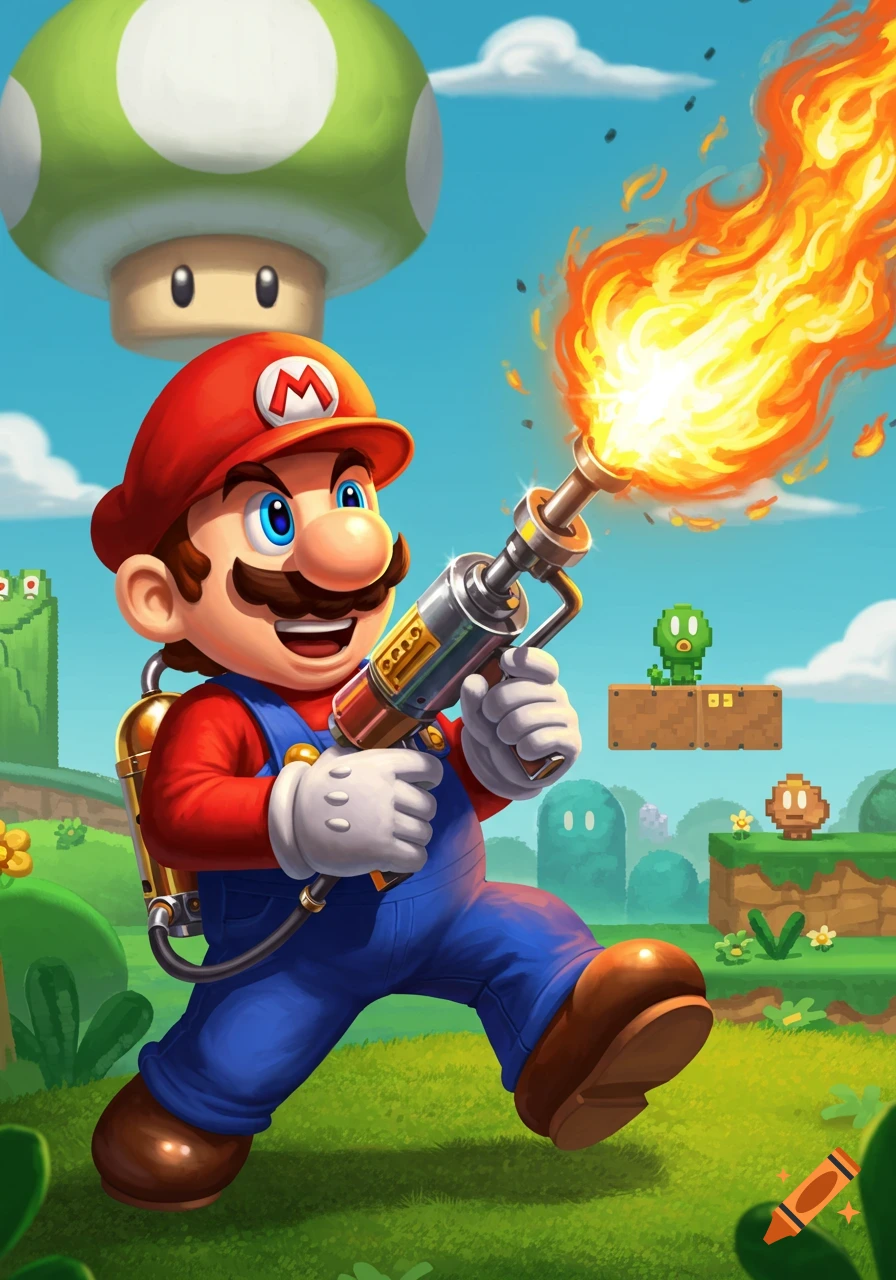 Vibrant Super Mario-style scene with Mario driving a winged train. A ...