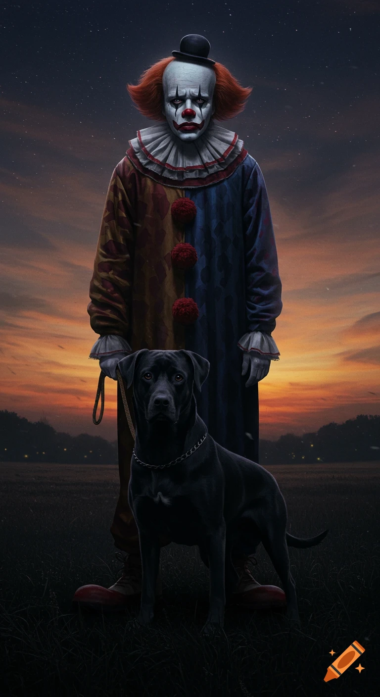 A tall, menacing clown resembling Pennywise, with red hair and a ...