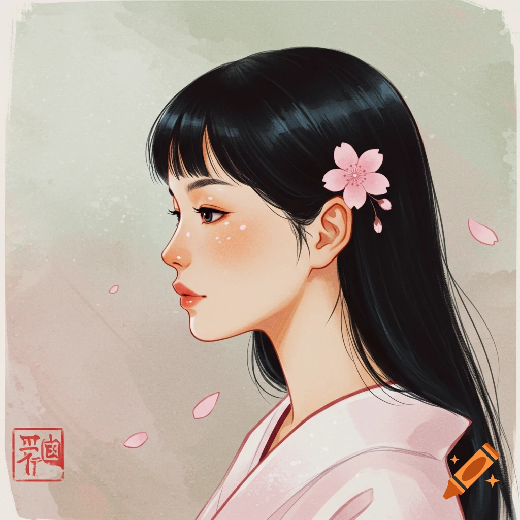 Profile portrait of a young woman with long black hair, a pink cherry ...