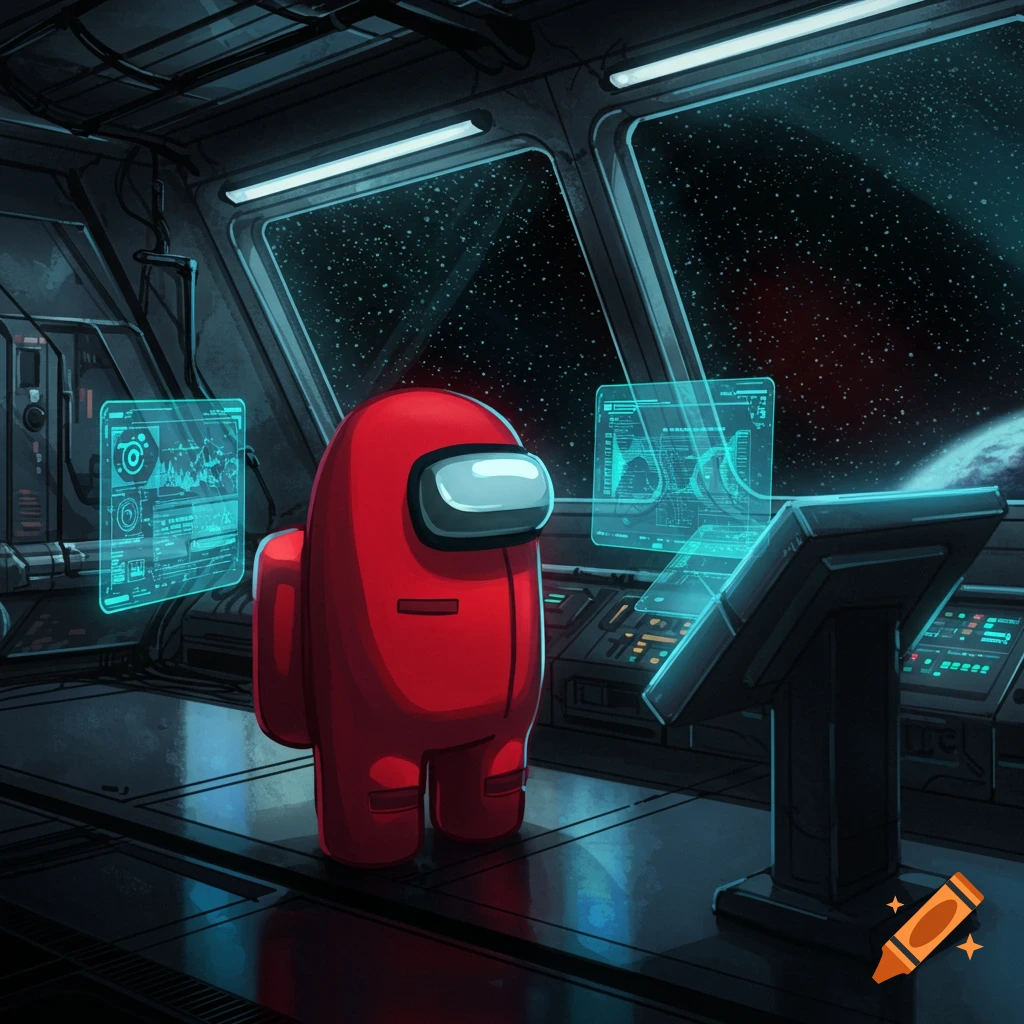 Red Among Us character stands in a spaceship, looking out an octagonal ...