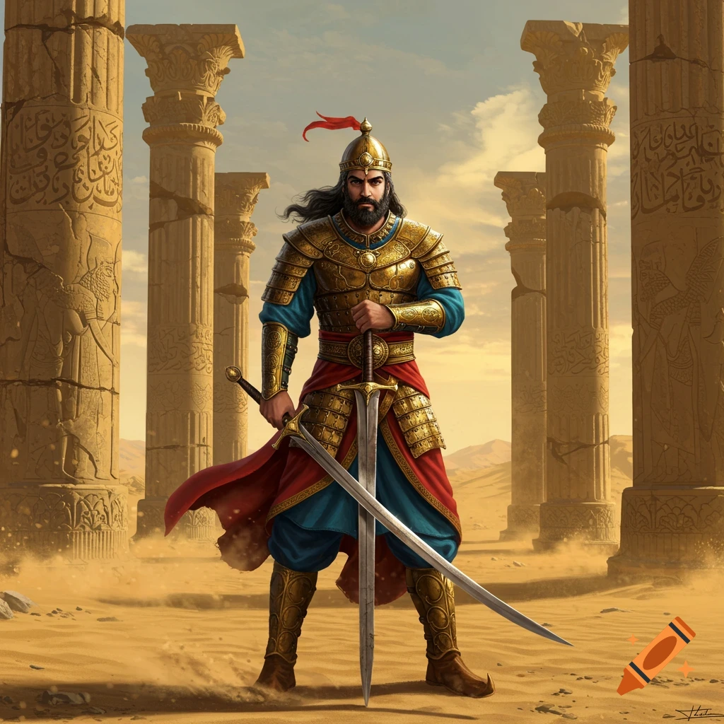 A powerful warrior in ornate golden armor and a red cape stands in a ...