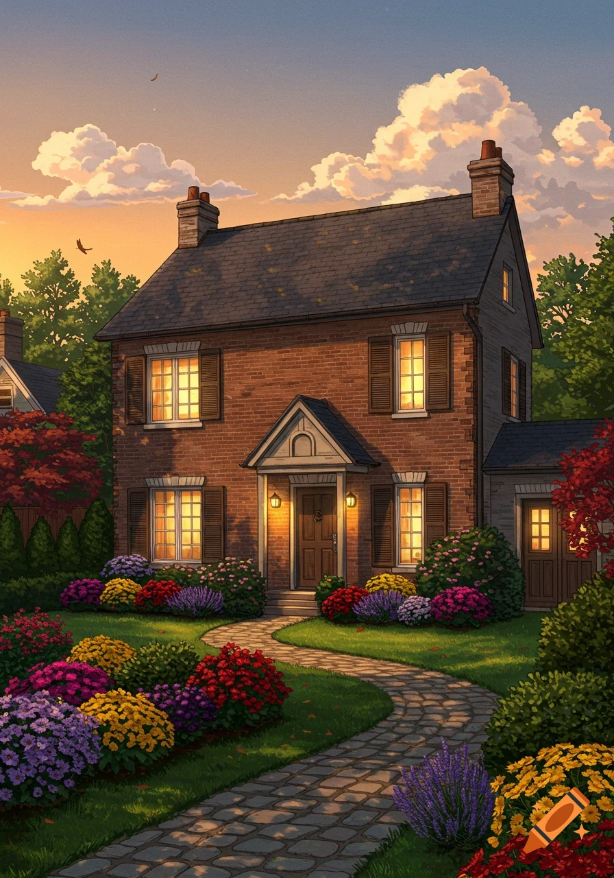 A beautiful two-story stone house with a lush garden, winding ...