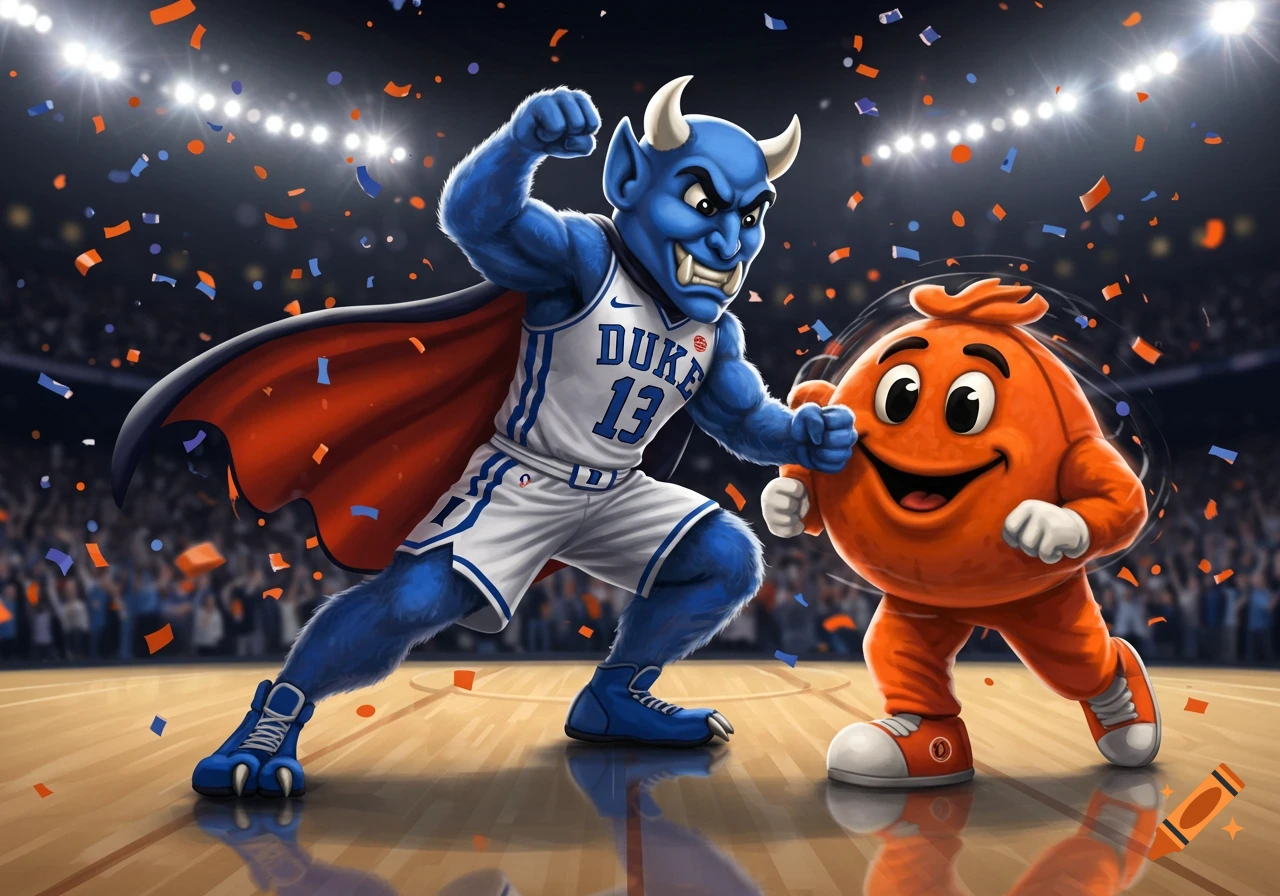 Cartoon illustration of the Duke Blue Devil mascot in a jersey on a ...