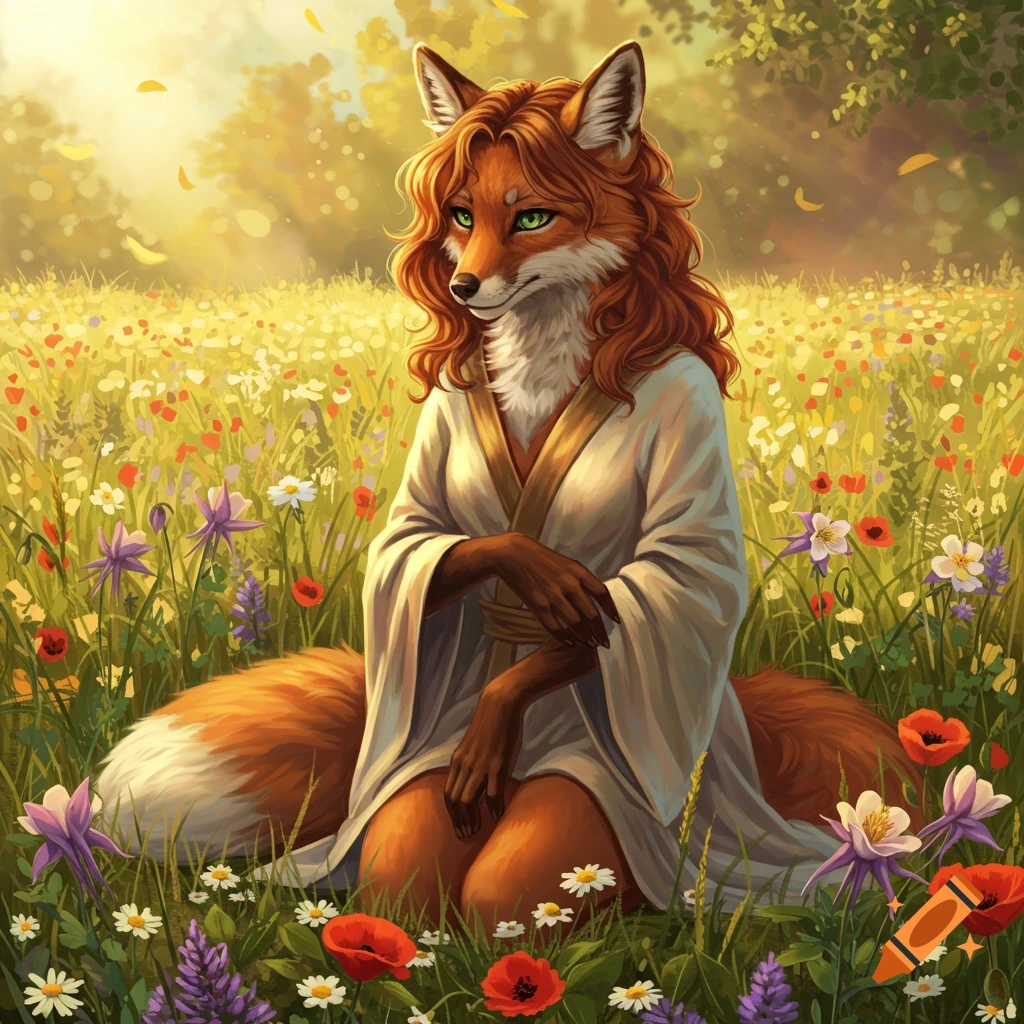 A detailed fantasy illustration of an anthropomorphic fox woman with ...