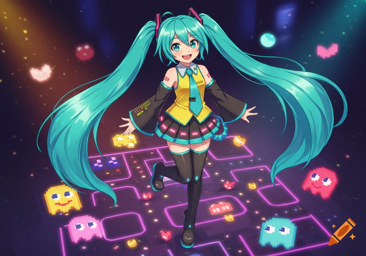 An anime character resembling Hatsune Miku stands in an old computer ...