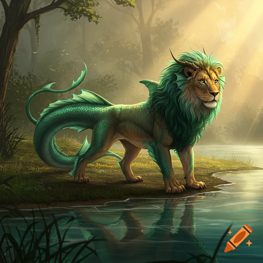 A majestic, green-maned lion-shark-lizard hybrid creature with scales ...