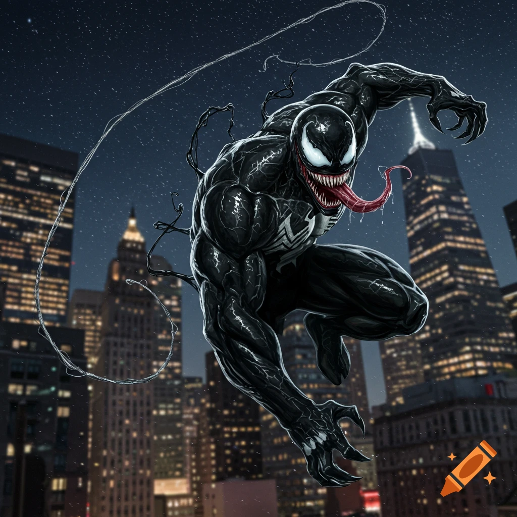 Venom, the Marvel character, swinging through a nighttime city skyline ...