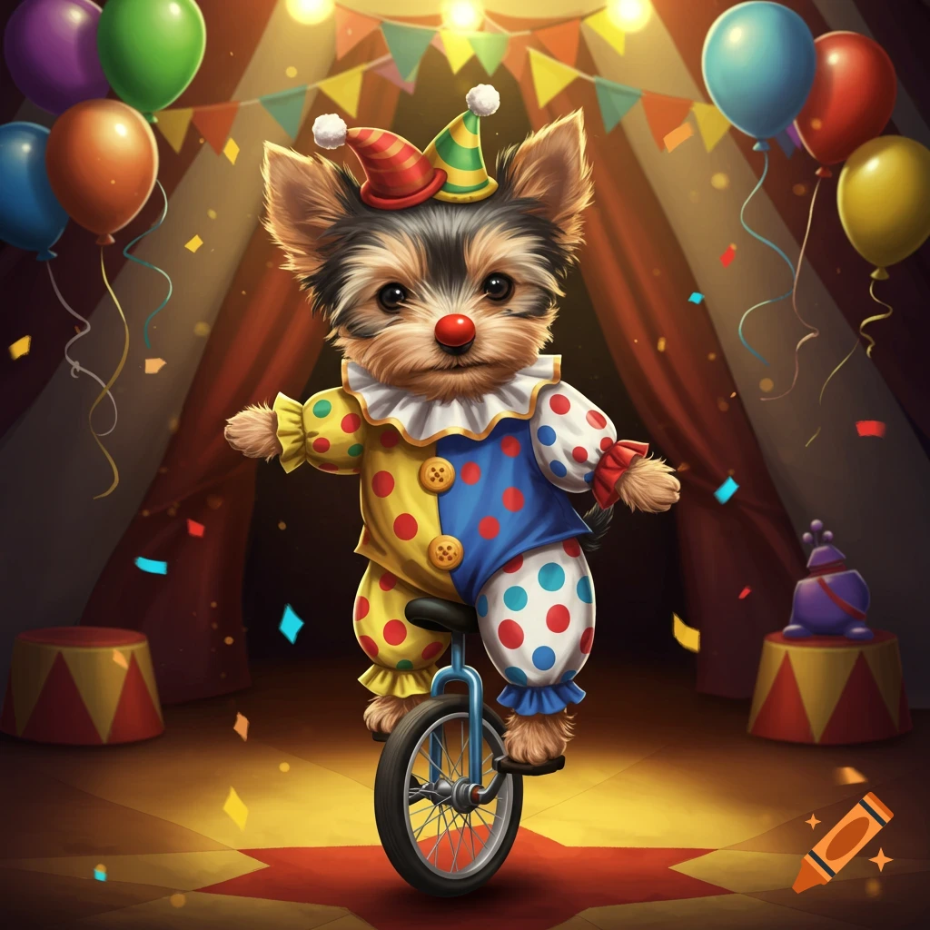 A cute Yorkie puppy in a colorful clown costume with a party hat and ...