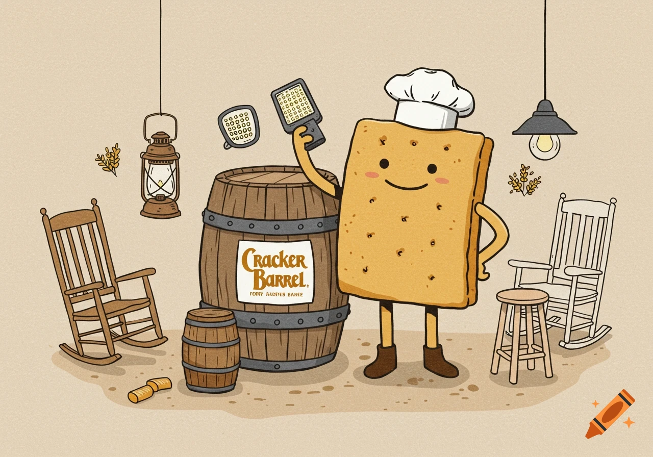 A cartoon cracker character wearing a chef's hat, holding two waffle ...