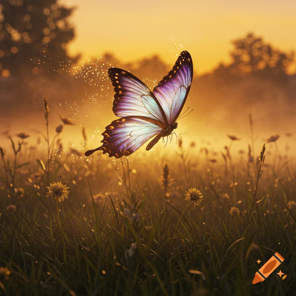 Vibrant butterfly with glowing wings hovering in a sunlit field with ...