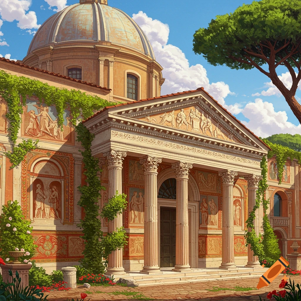 Cartoon bank building with a red dome, yellow facade, and blue columns ...