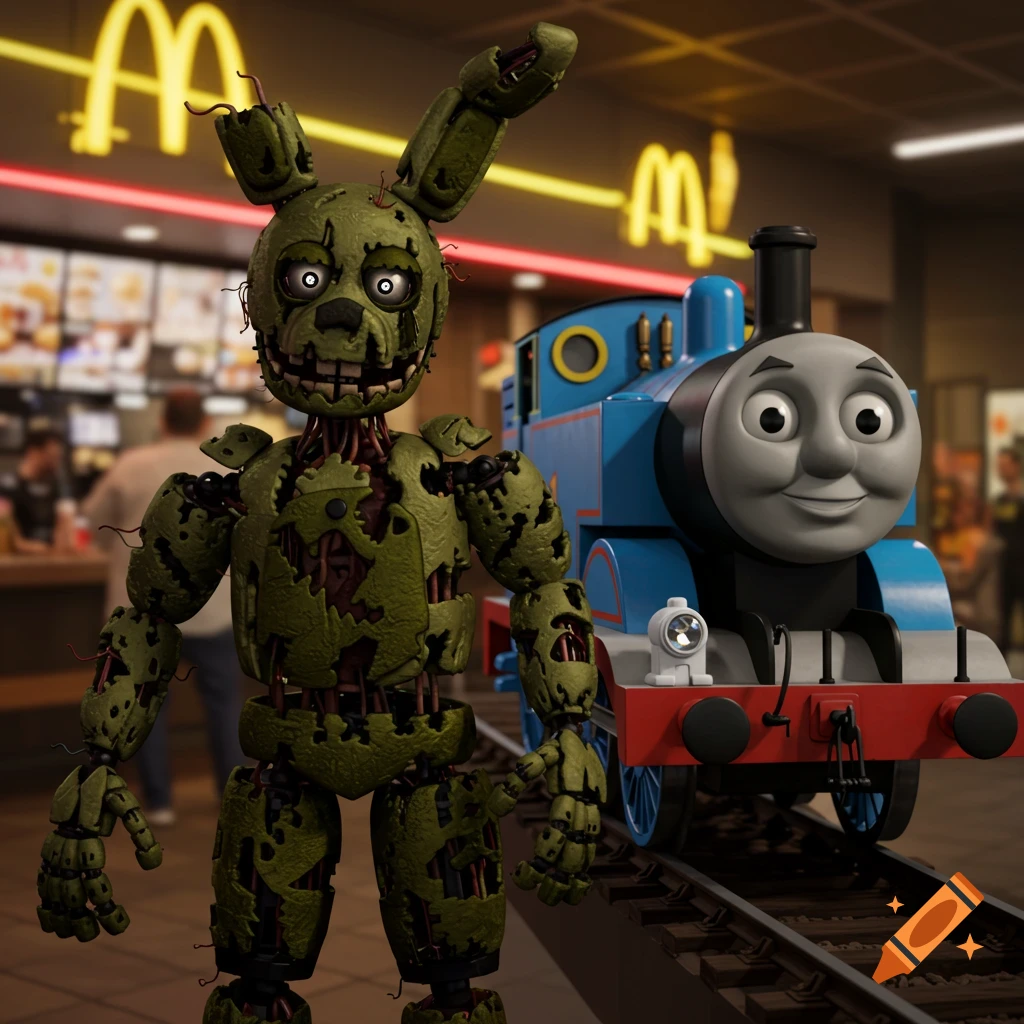 Springtrap and Thomas the Tank Engine stand inside a McDonald's ...