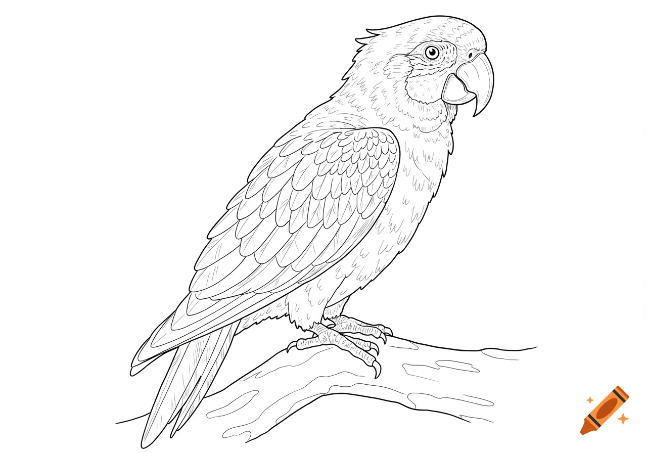 Outline drawing of a macaw perched on a branch in a semi-realistic ...