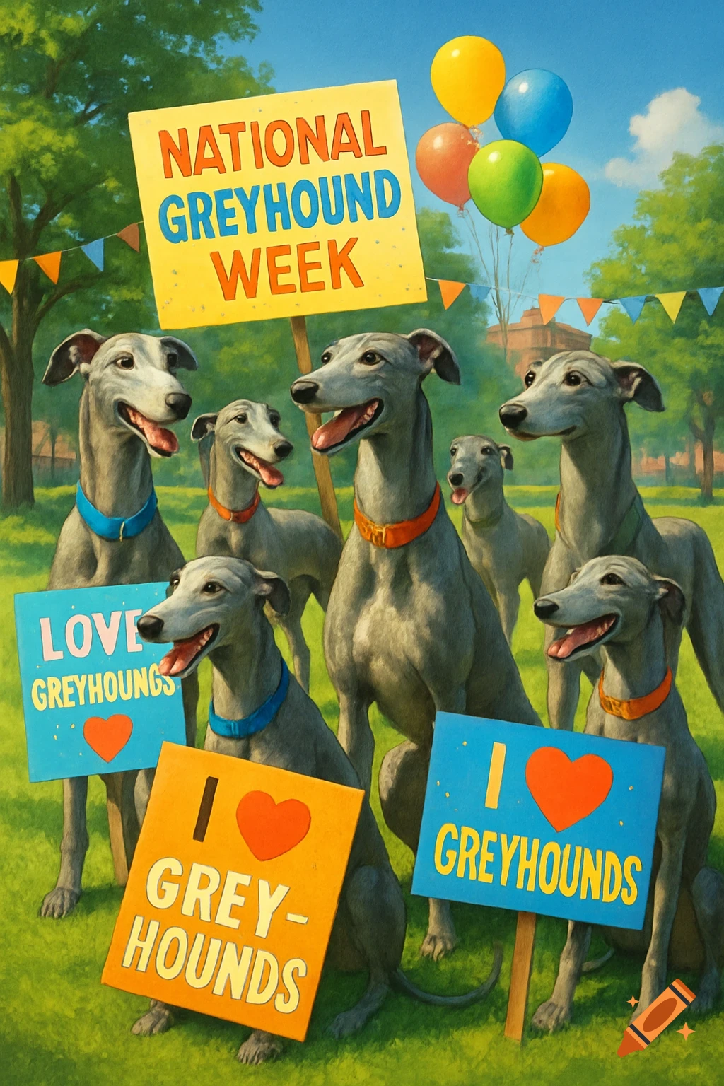 A group of happy greyhounds stand in a park with signs and balloons ...