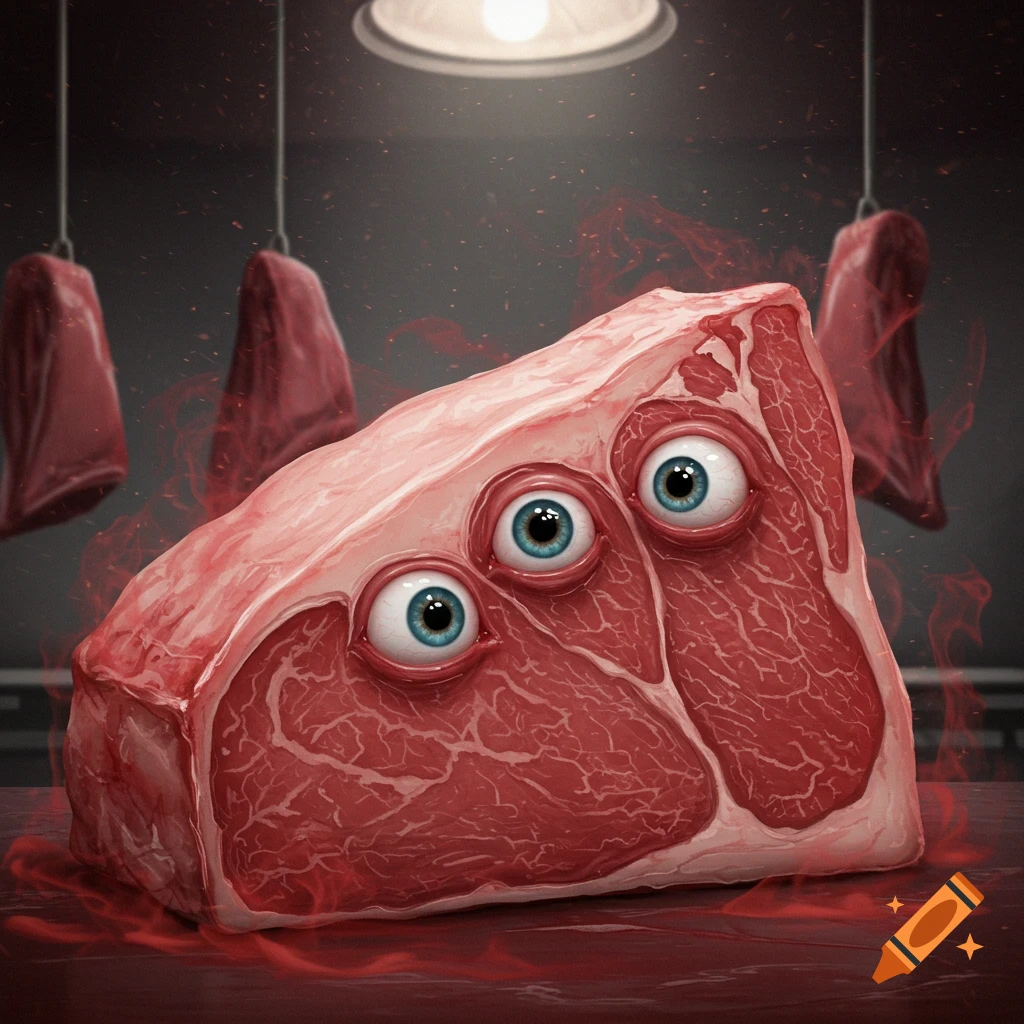 A surreal raw slab of meat with three realistic human eyeballs embedded ...