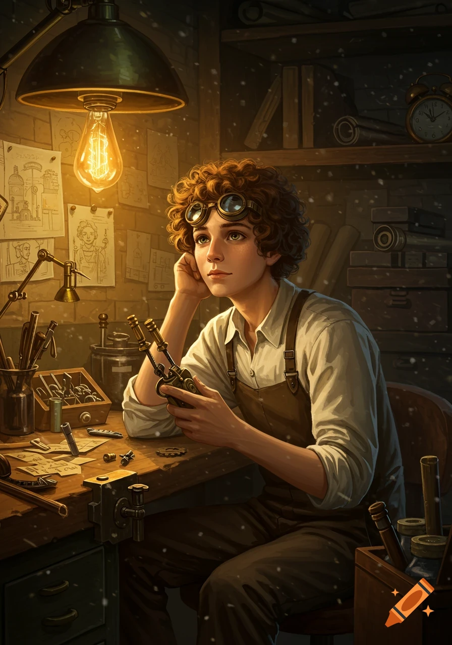 A young inventor with goggles on his head sits at a workbench ...