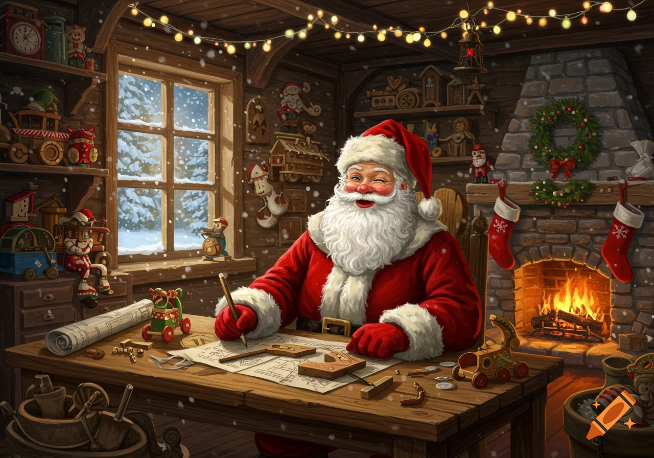 A cheerful Santa Claus plays a card game with reindeer cards at a ...