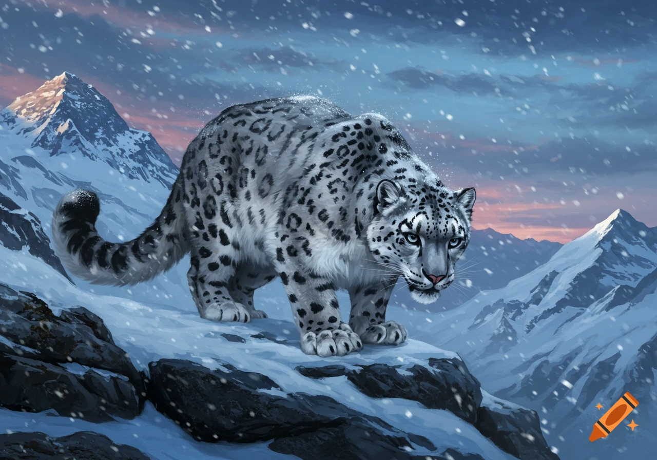 Photorealistic snow leopard standing sideways next to vertical and ...