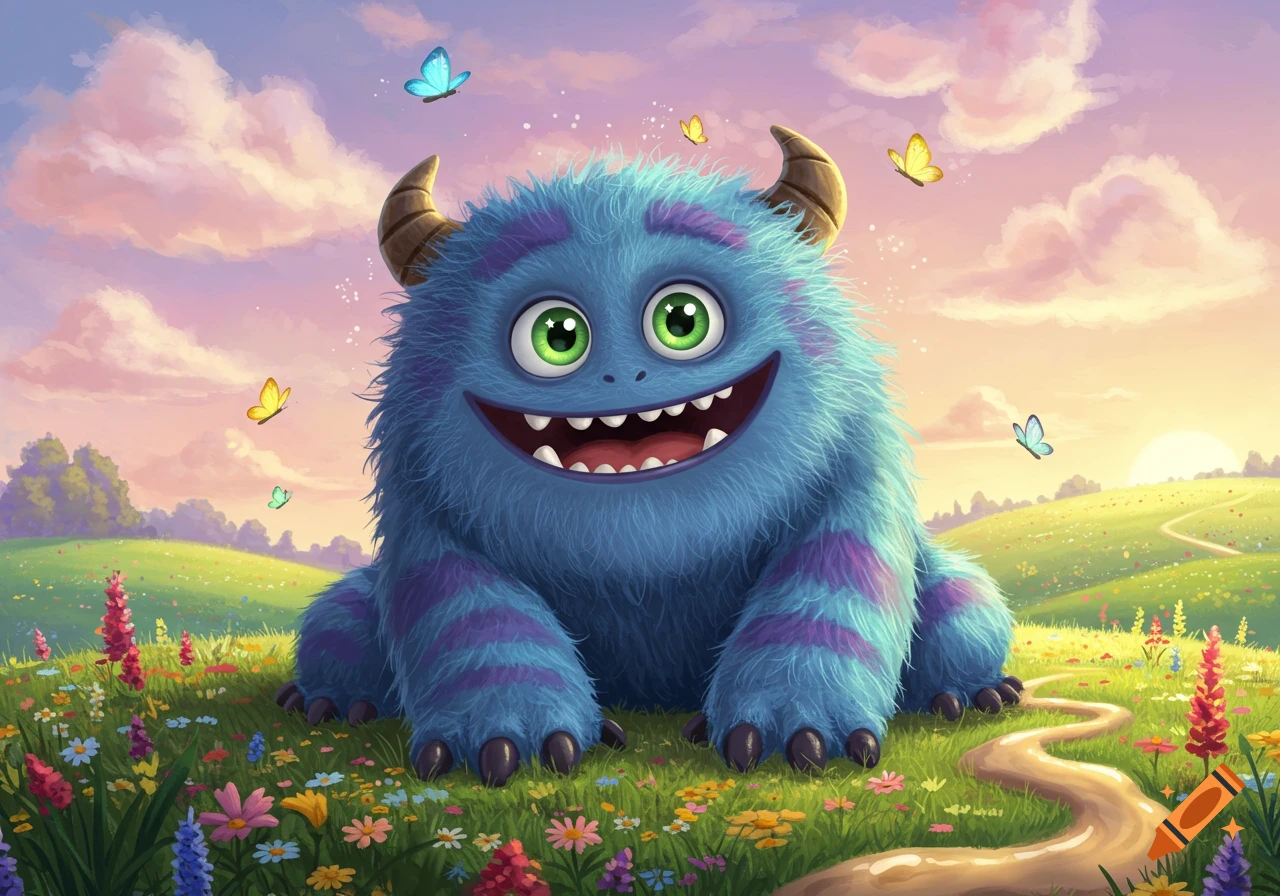A fluffy blue monster with big blue eyes, a rainbow unicorn horn, and ...