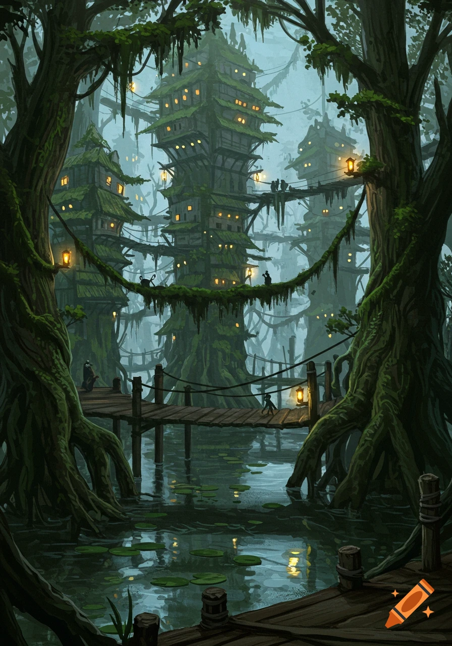 A fantasy swamp city with tall, moss-covered treehouses, rope bridges ...